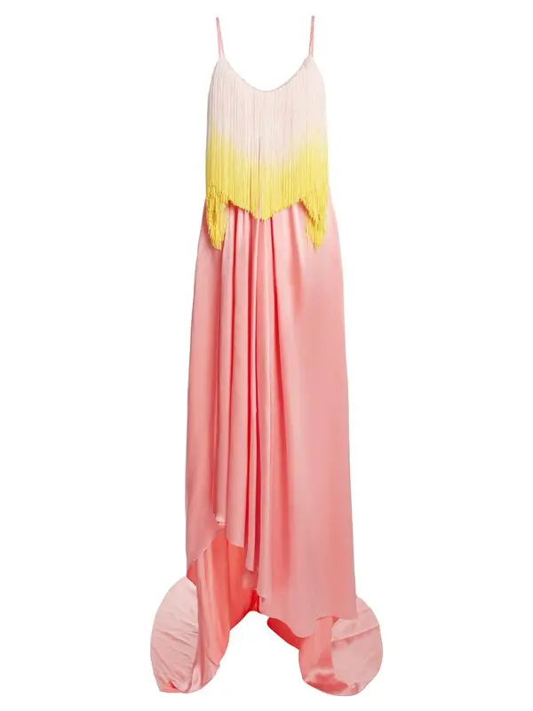 Halpern Diamond Bra Fringed Satin Gown - Multi