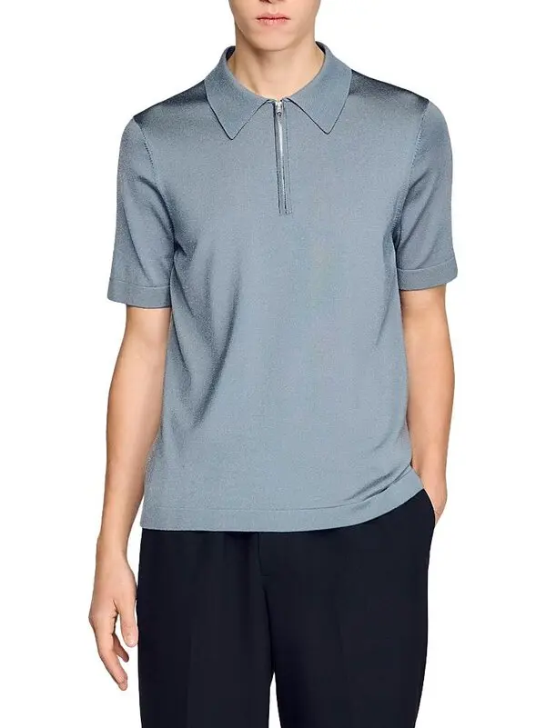 Sandro Knitted Polo Shirt With Zip Collar - Grey Blue