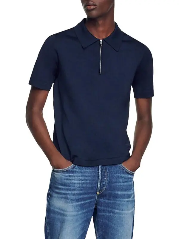 Sandro Knitted Polo Shirt With Zip Collar - Navy Blue