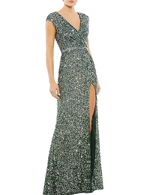 Mac Duggal Cap Sleeve Sequin Gown - Forest Green