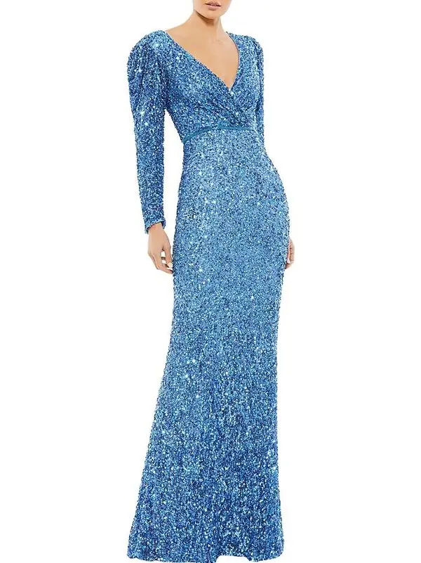 Mac Duggal Puff Shoulder Sequined Surplice Gown - French Blue
