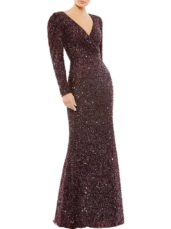 Mac Duggal Puff Shoulder Sequined Surplice Gown - Mahogany