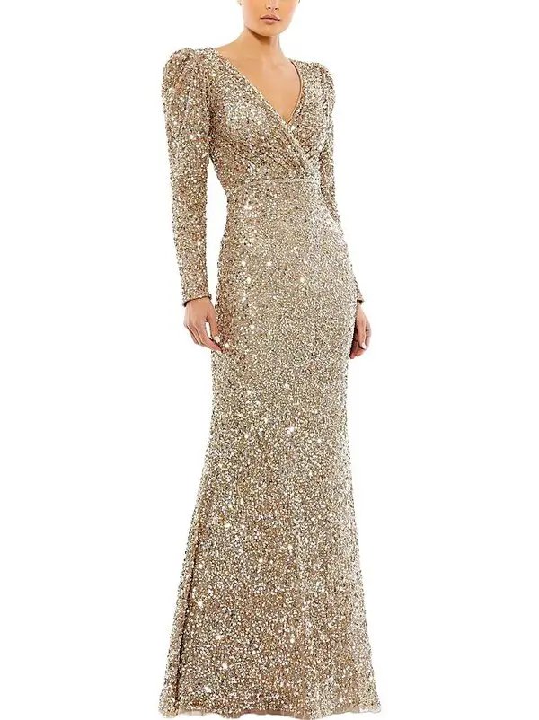 Mac Duggal Puff Shoulder Sequined Surplice Gown - Shimmering Gold