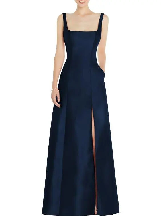Alfred Sung Square Neck Satin A-line Gown - Midnight Navy