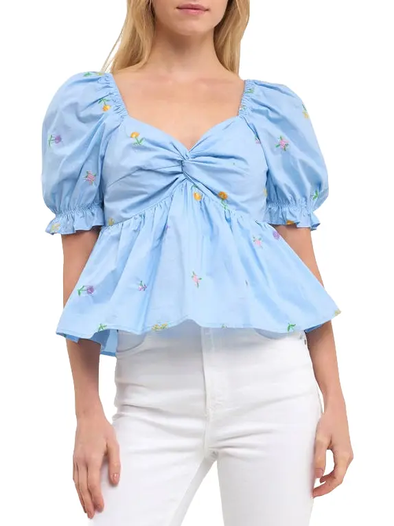 English Factory Floral Embroidered Babydoll Top - Powder Blue Multi