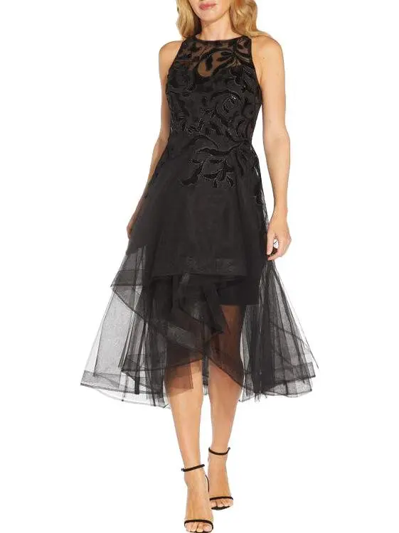 Adrianna Papell Velvet Appliqué Tulle Cocktail Dress - Black