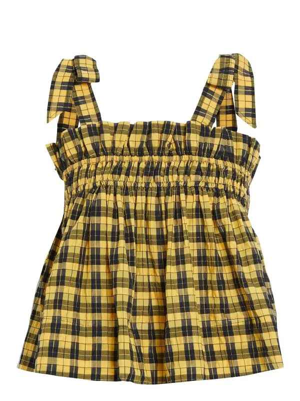 GANNI Shirred Checked Cotton-blend Top With Tie Shoulders - Yellow