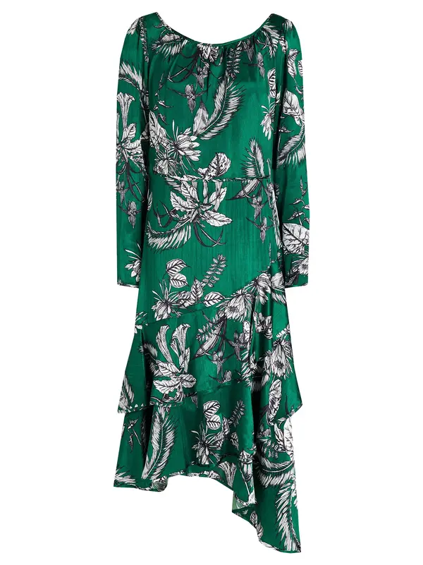 Marchesa Asymmetric Printed Satin Midi Dress - Emerald