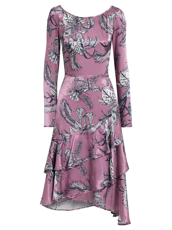 Marchesa Asymmetric Printed Satin Midi Dress - Lilac