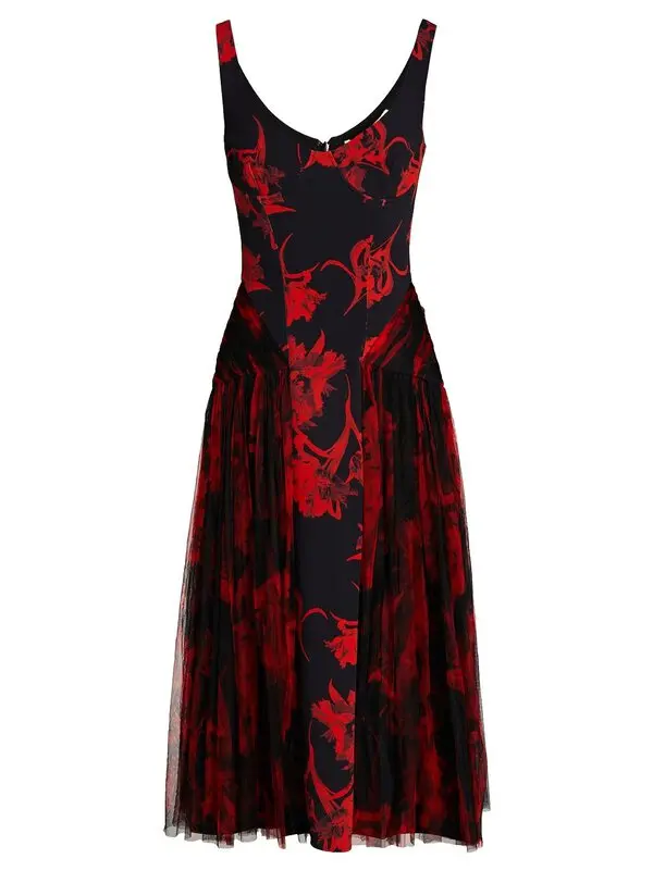Roberto Cavalli Floral-print Tulle And Crepe Midi Dress - Black