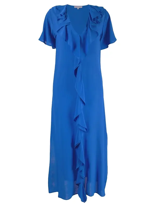Gold Hawk Ruffle-trim V-neck Long Dress - Blue