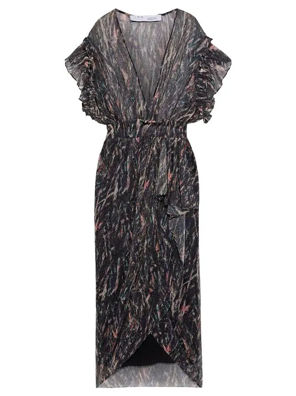 IRO PARIS Gargas Wrap-effect Ruffled Printed Lurex Midi Dress - Black