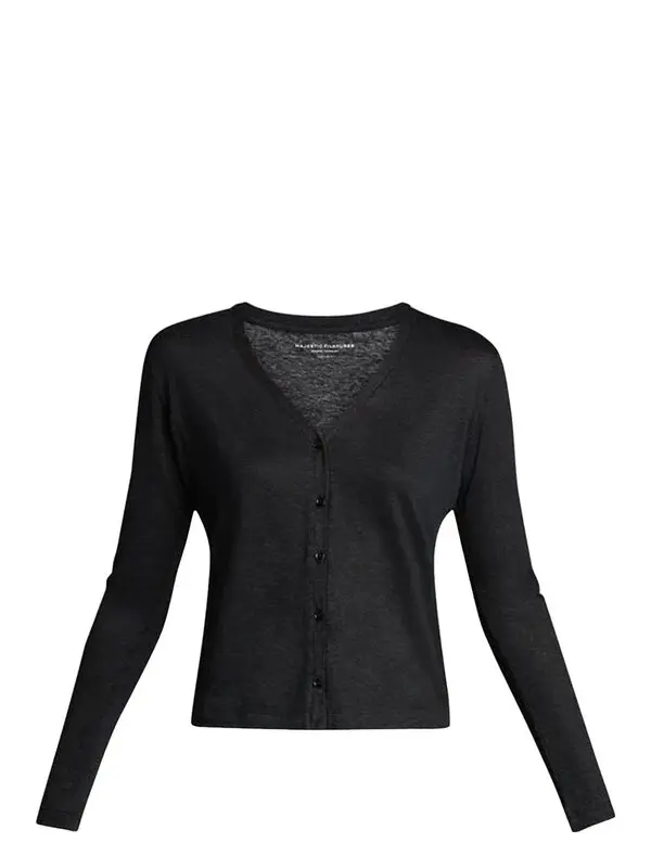 Majestic Filatures V-neck Button-down Long-sleeve Stretch-linen Cardigan - Black