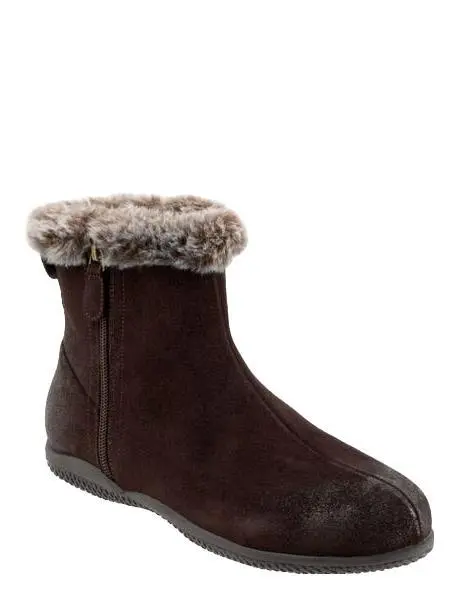Softwalk Suede Bootie With Faux Fur Trim - Dark Brown Suede