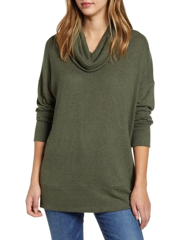 Loveappella Cowl Neck Long Sleeve Top - Olive