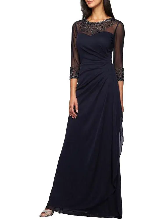 Alex Evenings Embellished Chiffon Evening Gown - Dark Navy