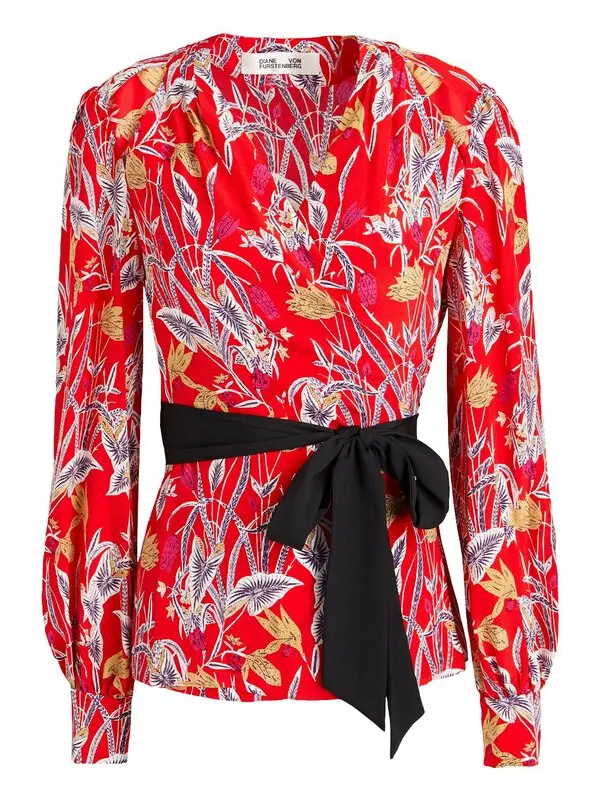 Diane Von Furstenberg Hesy Cutout Printed Silk Wrap Top - Red