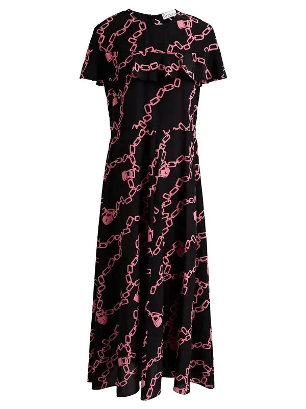 Red Valentino Printed Silk Crepe De Chine Midi Dress With Cape-effect - Black