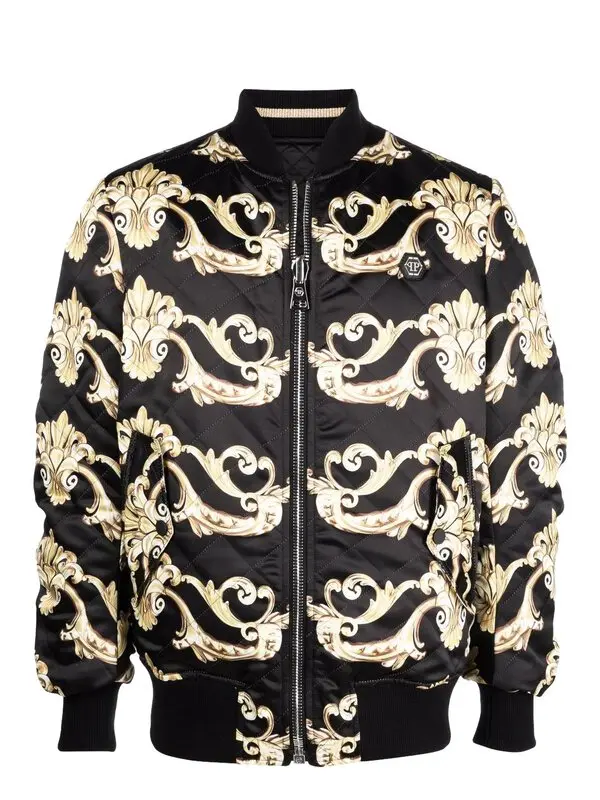 Philipp Plein Gothic-print Quilted Bomber Jacket - Black