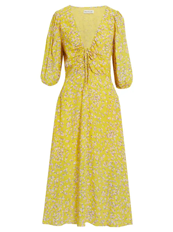 NICHOLAS Lace-up Ruched Floral-print Crepe Midi Dress - Yellow