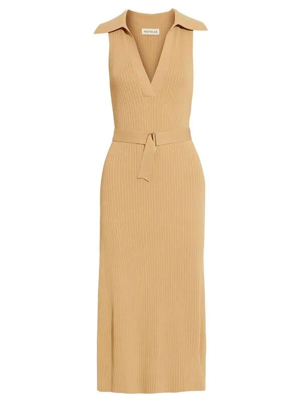 NICHOLAS Belted Ribbed Knit Midi Dress - Beige