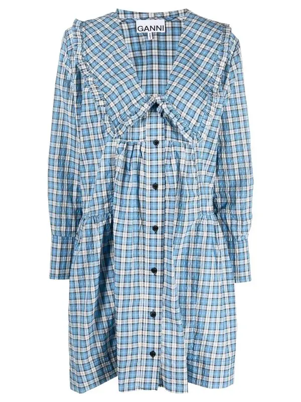 GANNI Check-print Gathered Mini Dress - Blue
