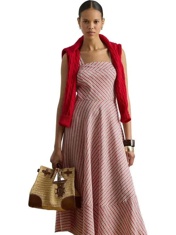 Ralph Lauren Striped Linen Sleeveless Dress - Red/cream/navy