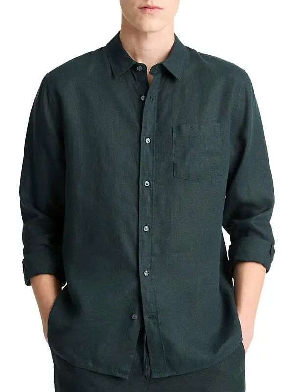Vince Solid Linen Button Down Shirt - Seaweed