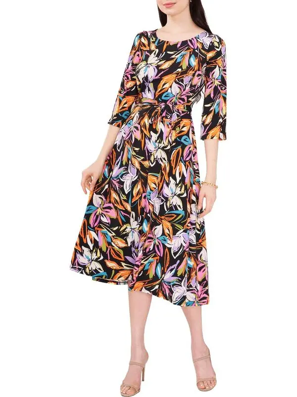 Chaus Floral Tie Waist A-line Midi Dress - Black Pastel 980