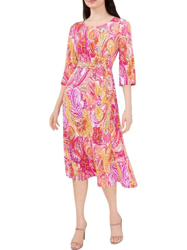 Chaus Paisley Tie Waist A-line Dress - White/fuchsia/mustard