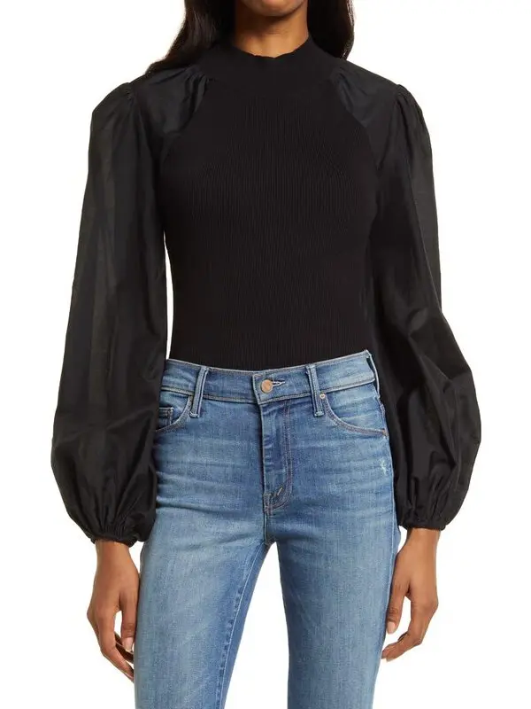 ALLSAINTS Cleo Mixed Media Balloon Sleeve Cotton Blend Blouse - Black