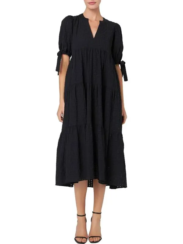 English Factory Gingham Tiered Midi Dress - Black