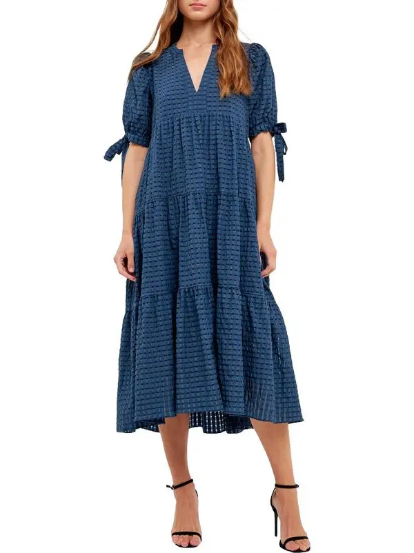 English Factory Gingham Tiered Midi Dress - Navy