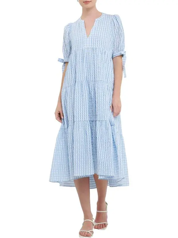 English Factory Gingham Tiered Midi Dress - Ocean Blue
