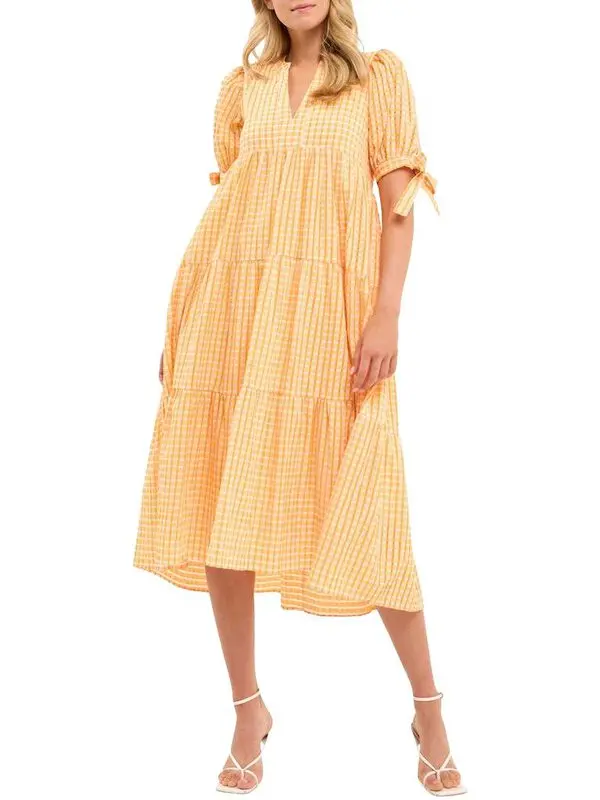 English Factory Gingham Tiered Midi Dress - Orange