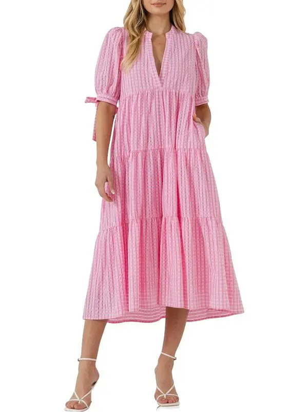 English Factory Gingham Tiered Midi Dress - Pink