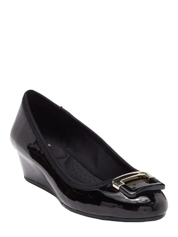 Bandolino Buckle Embellished Wedge Pumps - Black Patent