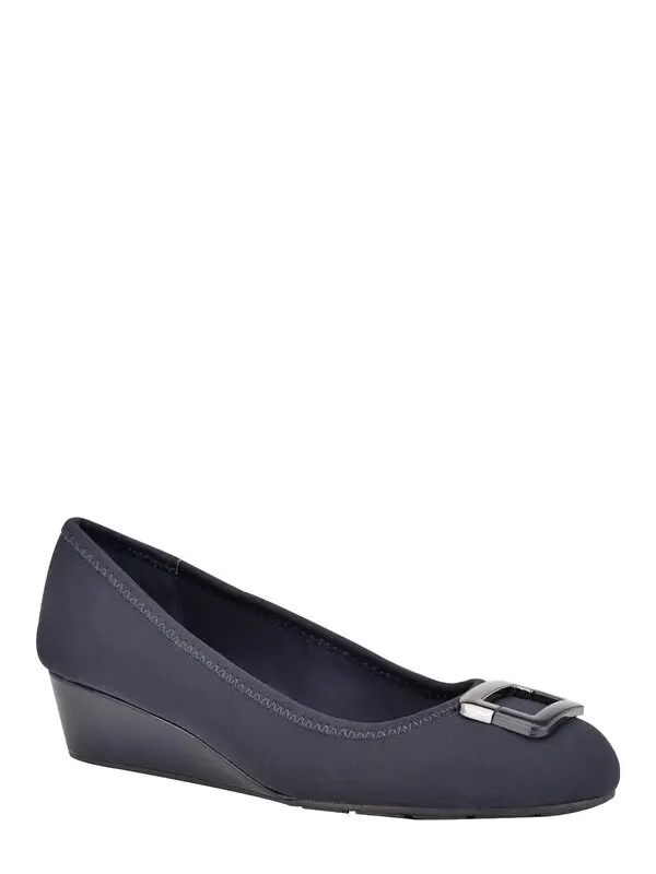 Bandolino Buckle Embellished Wedge Pumps - Navy Blue Fabric
