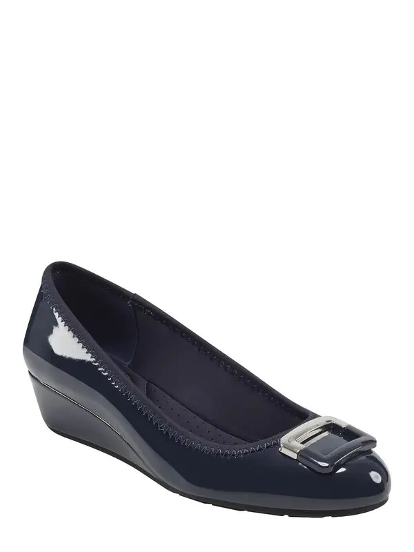 Bandolino Buckle Embellished Wedge Pumps - Navy Blue Patent