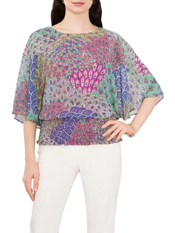 Chaus Dolman Sleeve Smocked Blouse - Lime/fuchsia/multi
