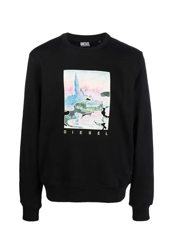 DIESEL® Watercolour-print Crew Neck Sweatshirt - Black