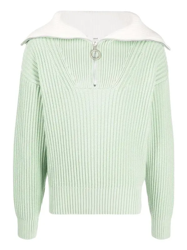 Ami Zip-collar Fisherman's Rib Jumper - Green