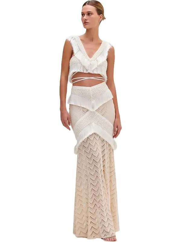 PatBO Fringe Trim Maxi Skirt - Neutral
