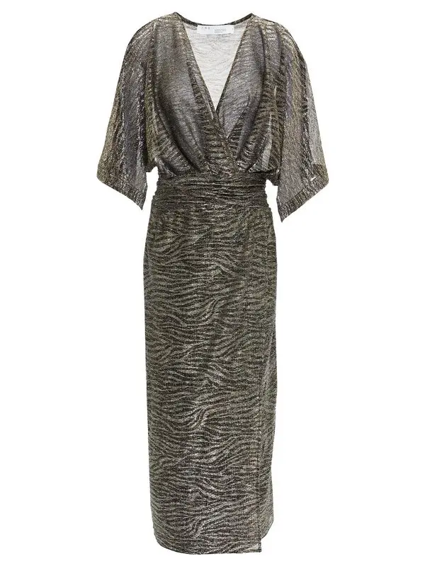 IRO PARIS Volsun Wrapeffect Ruched Metallic Knitted Midi Dress - Platinum