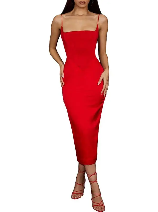 House Of Cb Anais Satin Corset Midi Dress - Scarlet
