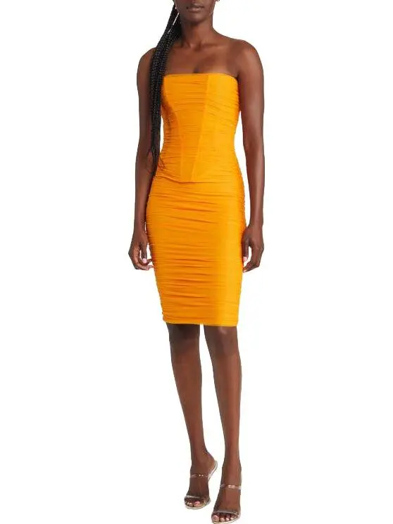 House Of Cb Strapless Ruched Corset Dress - Tangerine