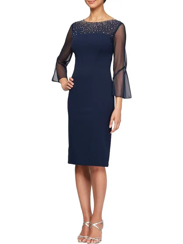 Alex Evenings Embellished Sheath Cocktail Dress - Navy/silver