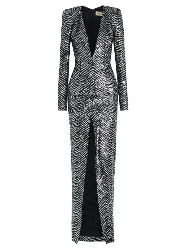 Alexandre Vauthier Zebra Print Sequin Mesh Maxi Dress - Silver
