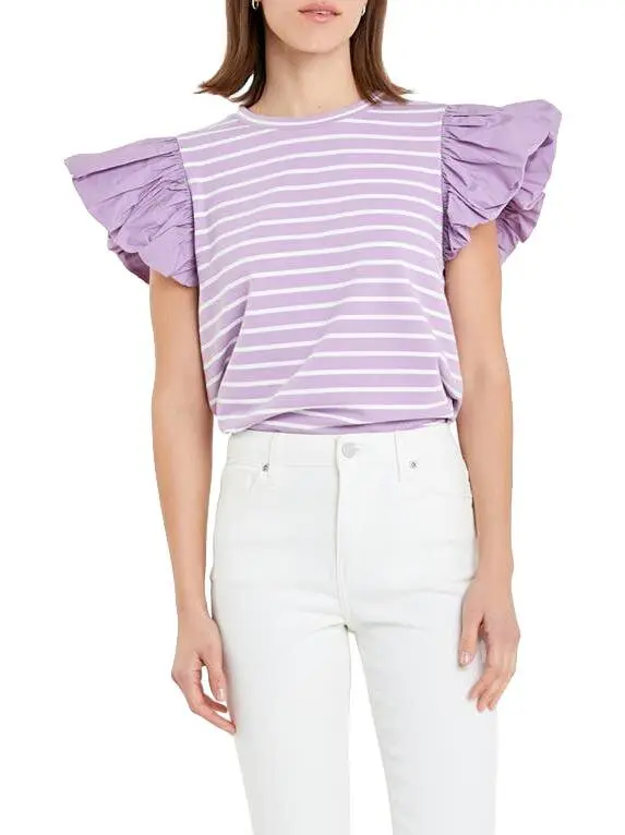 English Factory Mixed Media Stripe Top - Lilac/white