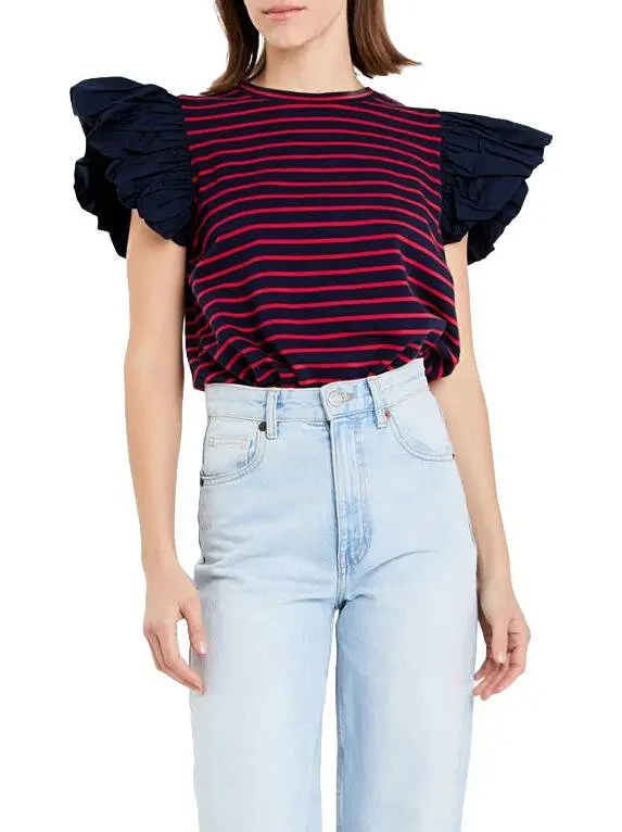 English Factory Mixed Media Stripe Top - Navy/red